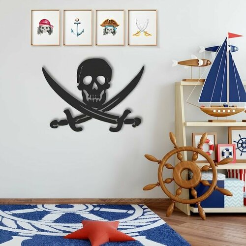 Декоративное панно деревянное, Пиратский меч и череп (черный цвет)