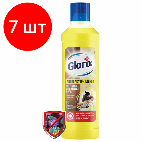 Комплект 7 шт, Средство для мытья пола дезинфицирующее 1 л GLORIX (Глорикс) "Лимонная Энергия", без хлора, 8677296