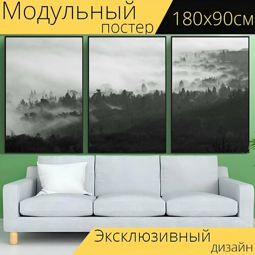 Модульный постер "Кассель, туман, горный парк" 180 x 90 см. для интерьера