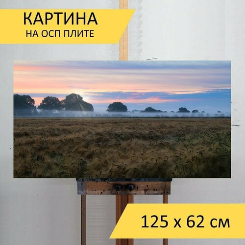 Картина на ОСП 125х62 см. "Туман, деревья, восход солнца" горизонтальная, для интерьера, с креплениями