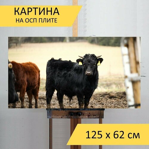 Картина на ОСП 125х62 см. "Корова, бык, рог" горизонтальная, для интерьера, с креплениями