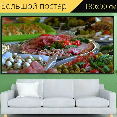 Большой постер "Колбаса, колбасное ассорти, еда" 180 x 90 см. для интерьера