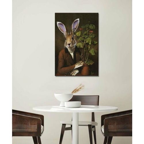 Картина - Заяц ушастый, пушистый заяц, заяц портрет рисунок, заяц в костюме с цветком, заяц арт (8) 30х40