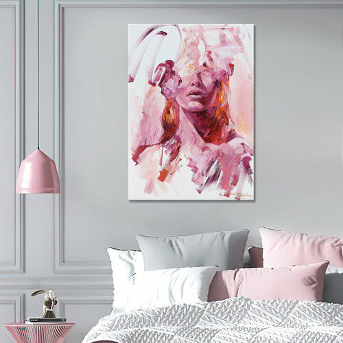 Интерьерная картина на холсте в гостиную, детскую, кухню, офис/постер на стену/ Девушка в розовых тонах краской арт 50х70