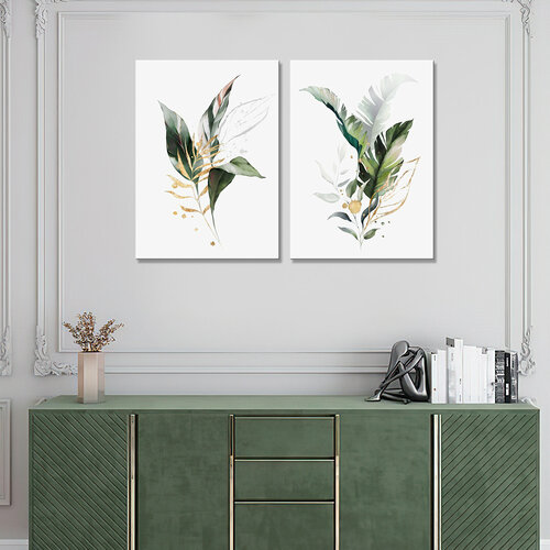 Картина интерьерная-Растения с золотыми прожилками (2 модуля-общий размер 55х80)