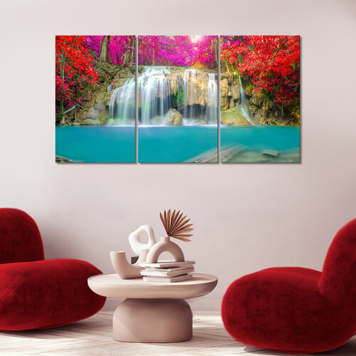 Модульная картина/Модульная картина на холсте/Модульная картина в спальню/Модульная картина в подарок - Маленький водопад и красные деревья (2) 90х50