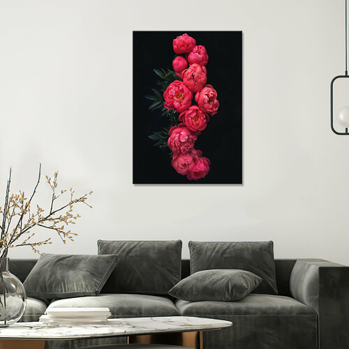 Интерьерная картина на холсте - ярко-розовые пионы на черном фоне 40х60