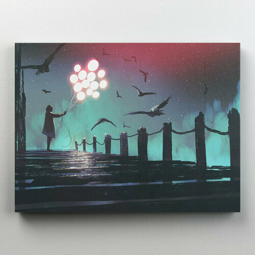 Интерьерная картина на холсте "Ребенок на деревянном мостике выпускает охапку светящихся шаров" размер 30x22 см