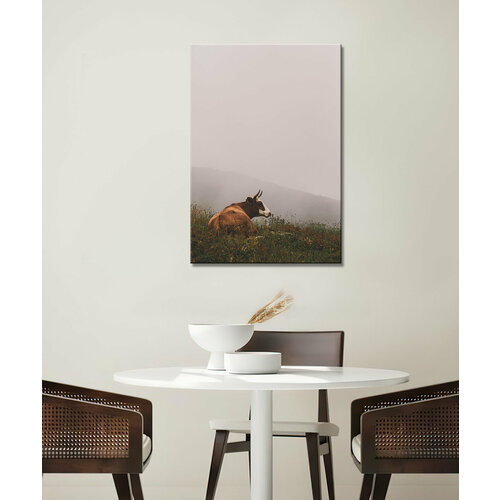 Картина -Корова, коричневая корова, корова на пастбище, бык (10) 30х40