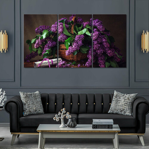 Модульная картина/Модульная картина на холсте/Модульная картина в подарок/ ПКорзина сирени на столе - Basket of lilacs on the table 2 90х50