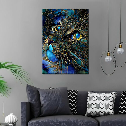 Картина интерьерная - Кошачья мордочка синяя яркая мозаика 20х30