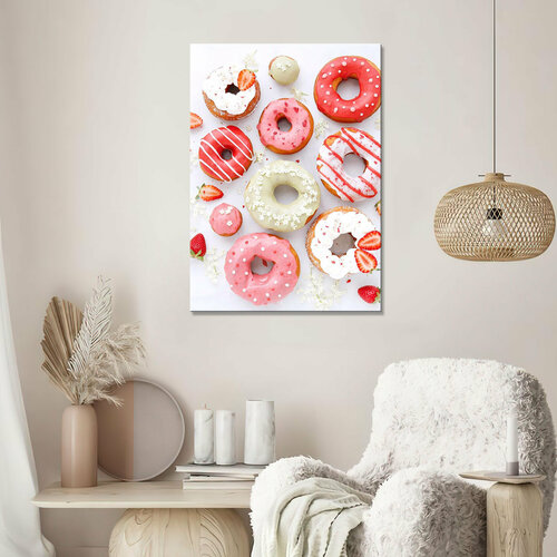Картина/Картина на холсте для интерьера/Картина на стену/Картина для кухни/ - Пончики с клубникой на белом фоне 20х30