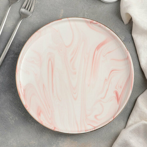 Тарелка керамическая обеденная «Мрамор», d=25 см, цвет розовый (комплект из 3 шт)