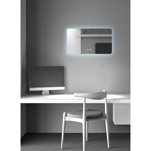 Зеркало для ванной с часами Prisma 40*80 прямоугольное горизонтальное "парящее" с холодной LED-подсветкой
