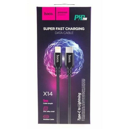 Кабель Premium HOCO X14 Times Speed USB-C to Lightning 8 pin PD20W 3A для Apple iPhone 11/12 Mini/13 Pro Max/14/iPad/iPod/AirPods/Авто Skoda Нейлон Черный