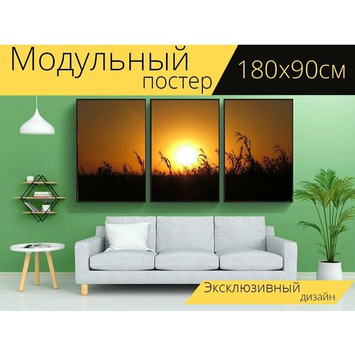 Модульный постер "Солнце, кукуруза, уборка урожая" 180 x 90 см. для интерьера