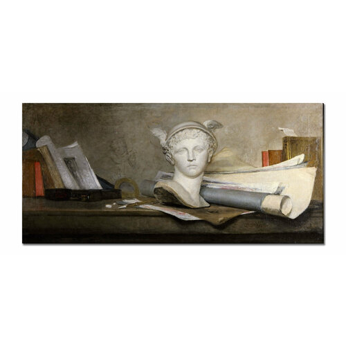 Картина для интерьера на холсте Жан Батиста Шардена «Натюрморт с атрибутами искусств» 56х120, холст без подрамника