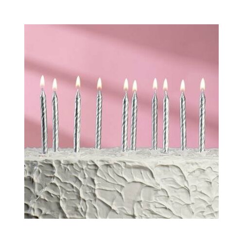 Свечи в торт "Спираль", 6 см, серебряные, набор 10 штук, Омский свечной завод