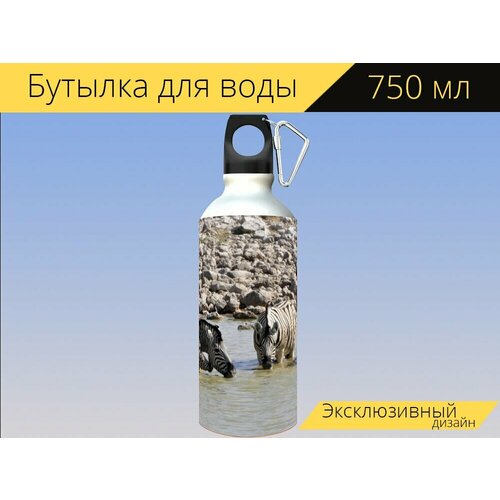 Бутылка фляга для воды "Зебры, напиток, жеребенок" 750 мл. с карабином и принтом