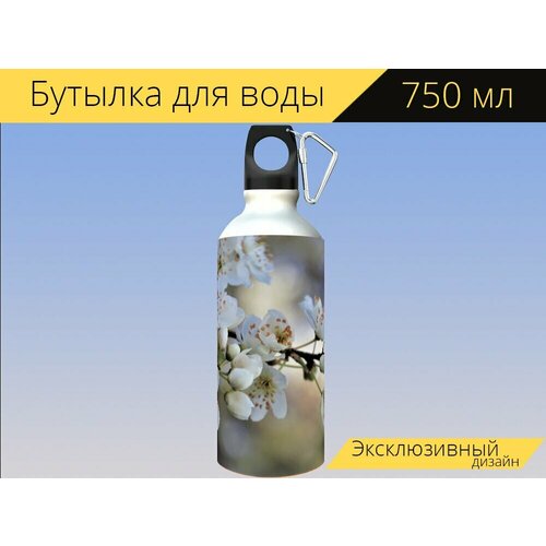 Бутылка фляга для воды "Вишни в цвету, цветы, бутоны" 750 мл. с карабином и принтом