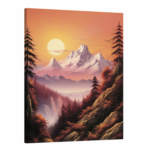 Интерьерная картина 50х70 "Пейзаж с горами и солнечным закатом"