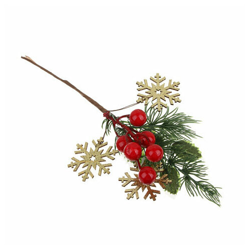 Сноу БУМ Ветка декоративная хвоя с ягодами и снежинками, пластик, 30 см