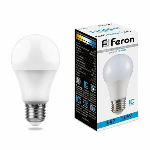 Лампа светодиодная FERON LB-93, A60, E27, 12 Вт, 230 В, 6400 К, 1100 Лм, 220°, 118 х 60 мм