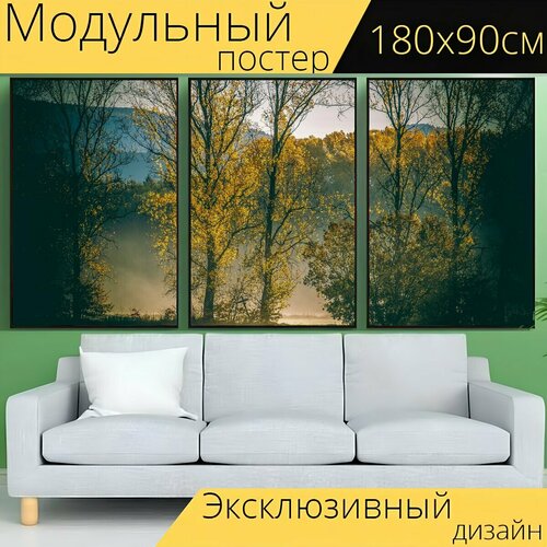 Модульный постер "Рано, туман, деревья" 180 x 90 см. для интерьера