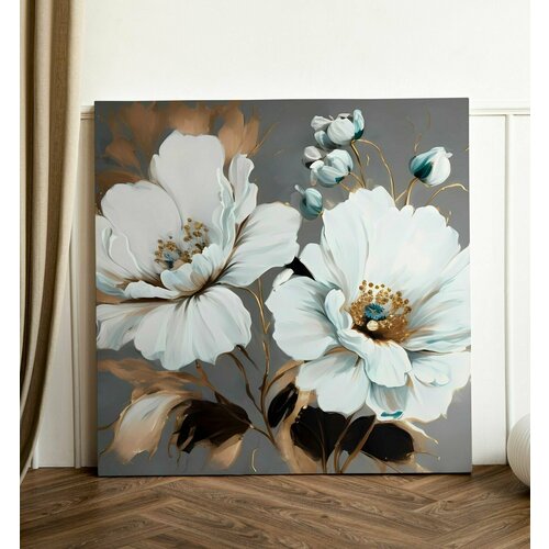 Интерьерная картина на холсте "Большие белые цветы" 40х40 см