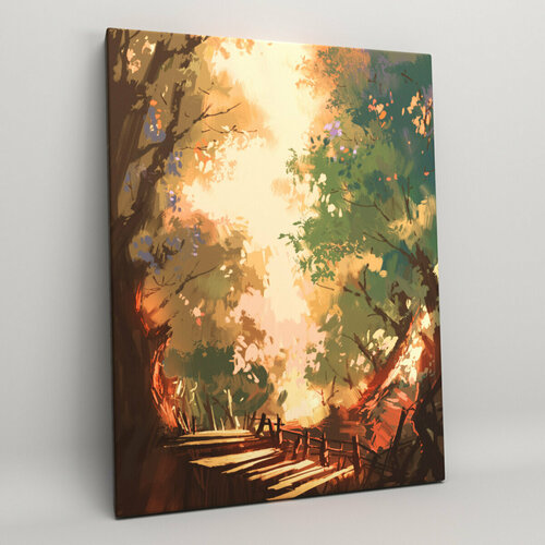 Картина на холсте (интерьерный постер) "иллюстрация подвесной мост в лесу", с деревянным подрамником, размер 30x40 см
