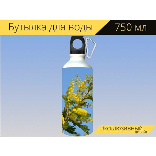 Бутылка фляга для воды "Мимоза, цветок, жёлтый" 750 мл. с карабином и принтом