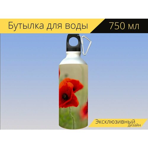 Бутылка фляга для воды "День памяти, маки, красный" 750 мл. с карабином и принтом