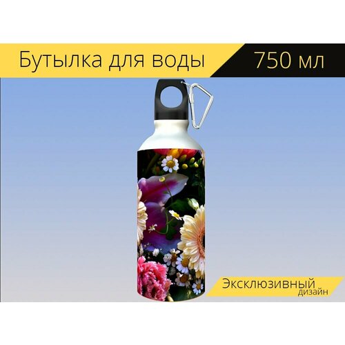 Бутылка фляга для воды "Цветок, весна, природа" 750 мл. с карабином и принтом