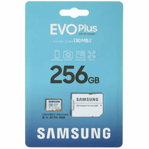 Память MicroSDXC 256Gb Samsung EVO Plus (MB-MC256KA) UHS-I U3 Class 10, Adapter, 130 MB/s RTL
