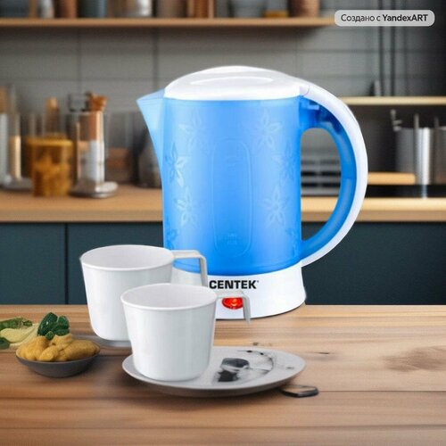 Чайник дорожный CENTEK CT-0054 Blue (бело-синий) 600мл, 650Вт, дорожный чайник + 2 чашки + 2 ложки