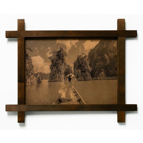 Картина Девушка на лодке среди гор, гравировка на натуральной коже, интерьерная для украшения и декора на стену в деревянной раме, подарок, BoomGift