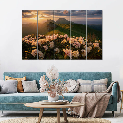 Модульная картина на холсте/ Пейзаж/ Горы и цветы/Landscape/ Mountains and flowers 125х80