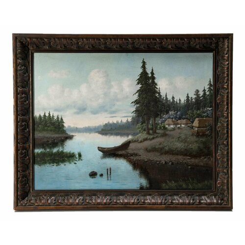 Картина "Пейзаж с лодкой и домами-мазанками", оформленный в раму