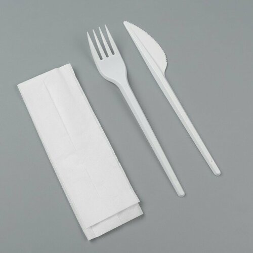 Набор одноразовой посуды "Белый" вилка, нож, салфетка, 16,5 см