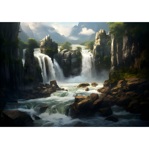 Постер - "Шумные водопады рек"на холсте/ А2 / в тубусе без рамы