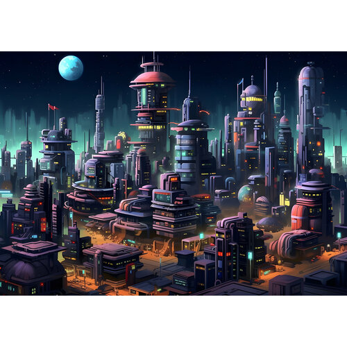 Постер - "Футуристический город с космическими станциями в стиле пиксель арт"на фотобумаге / А4 / в тубусе без рамы