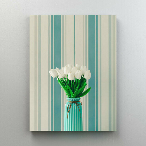 Интерьерная картина на холсте "Белые тюльпаны в вазе" размер 22x30 см