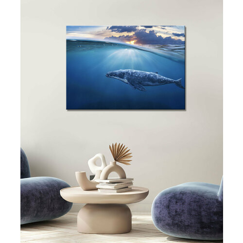 Картина - кит, синий кит, кит в океане, огромный кит, кит в воде (18) 40х60