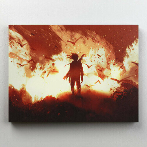 Интерьерная картина на холсте "Солдат на фоне атомного взрыва и летящих птиц" размер 30x22 см