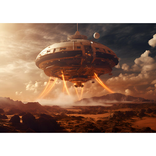Постер - "Космический корабль в атмосфере другой планеты"на плотной бумаге / А2 / в тубусе без рамы
