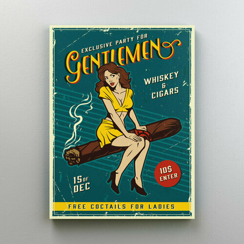 Интерьерная картина на холсте "Винтажный постер - девушка на кубинской сигаре" размер 45x60 см