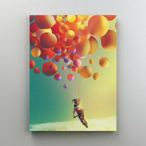 Интерьерная картина на холсте "Женщина с разноцветными воздушными шарами на велосипеде в небе" размер 30x40 см