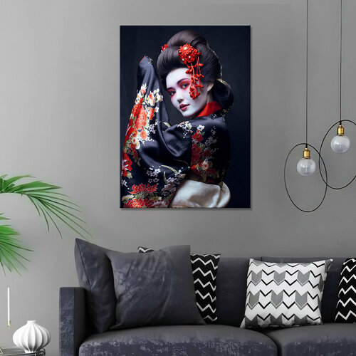 Картина интерьерная-Гейша с красным цветком в чёрном кимоно 40х55