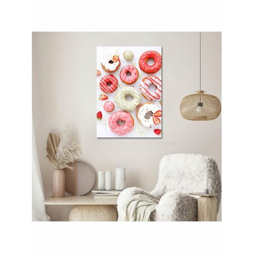 Картина на холсте с подрамником Пончики с клубникой на белом фоне 40х60