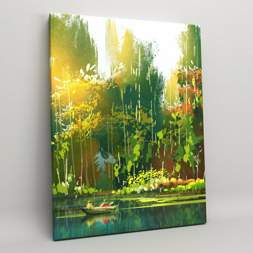 Картина на холсте (интерьерный постер) "Пейзаж зеленый лес и озеро", с деревянным подрамником, размер 45x60 см